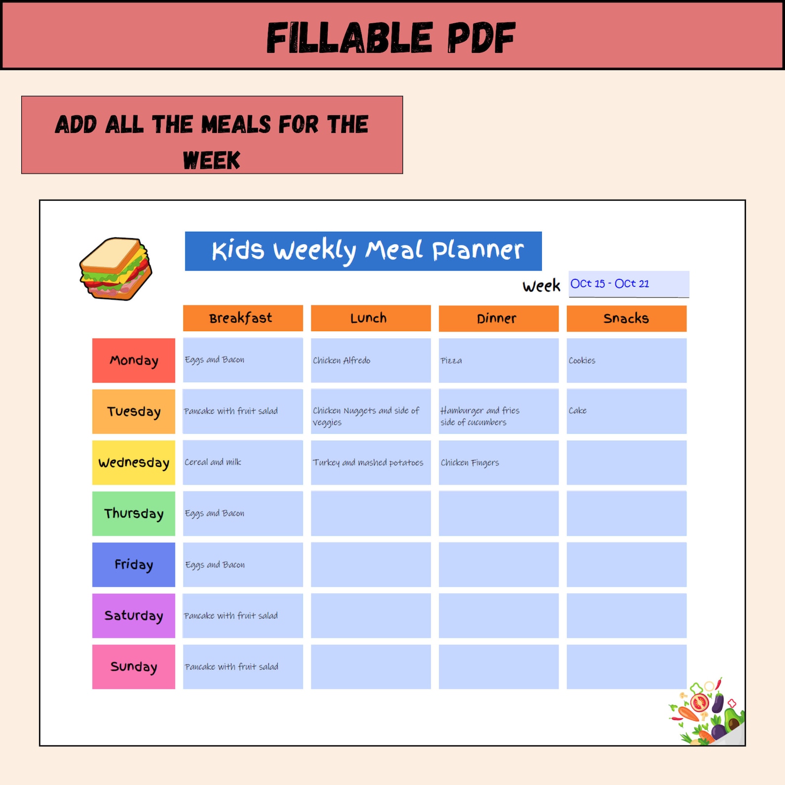 Kids Weekly Meal Planner Colorful Design Schedule Food - Etsy