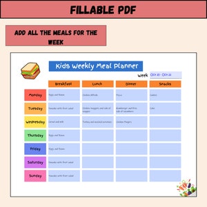 Kids Weekly Meal Planner Colorful Design Schedule Food - Etsy