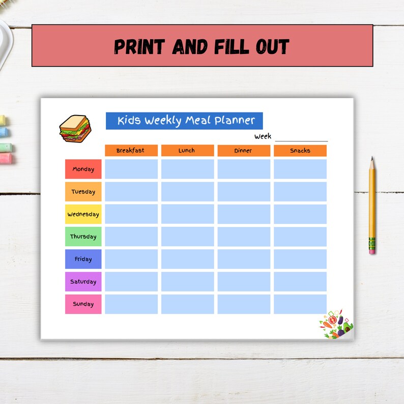 Kids Weekly Meal Planner Colorful Design Schedule Food - Etsy