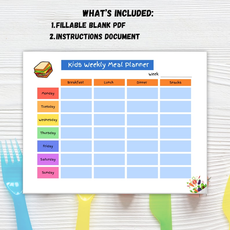 Kids Weekly Meal Planner, Colorful Design, Schedule, Food Tracker, Kids ...