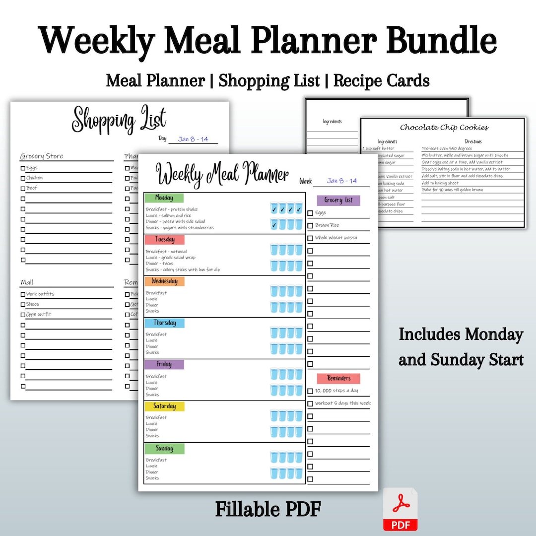 Weekly Meal Planner, Shopping List, Recipe Cards, Food Tracker, Meal ...