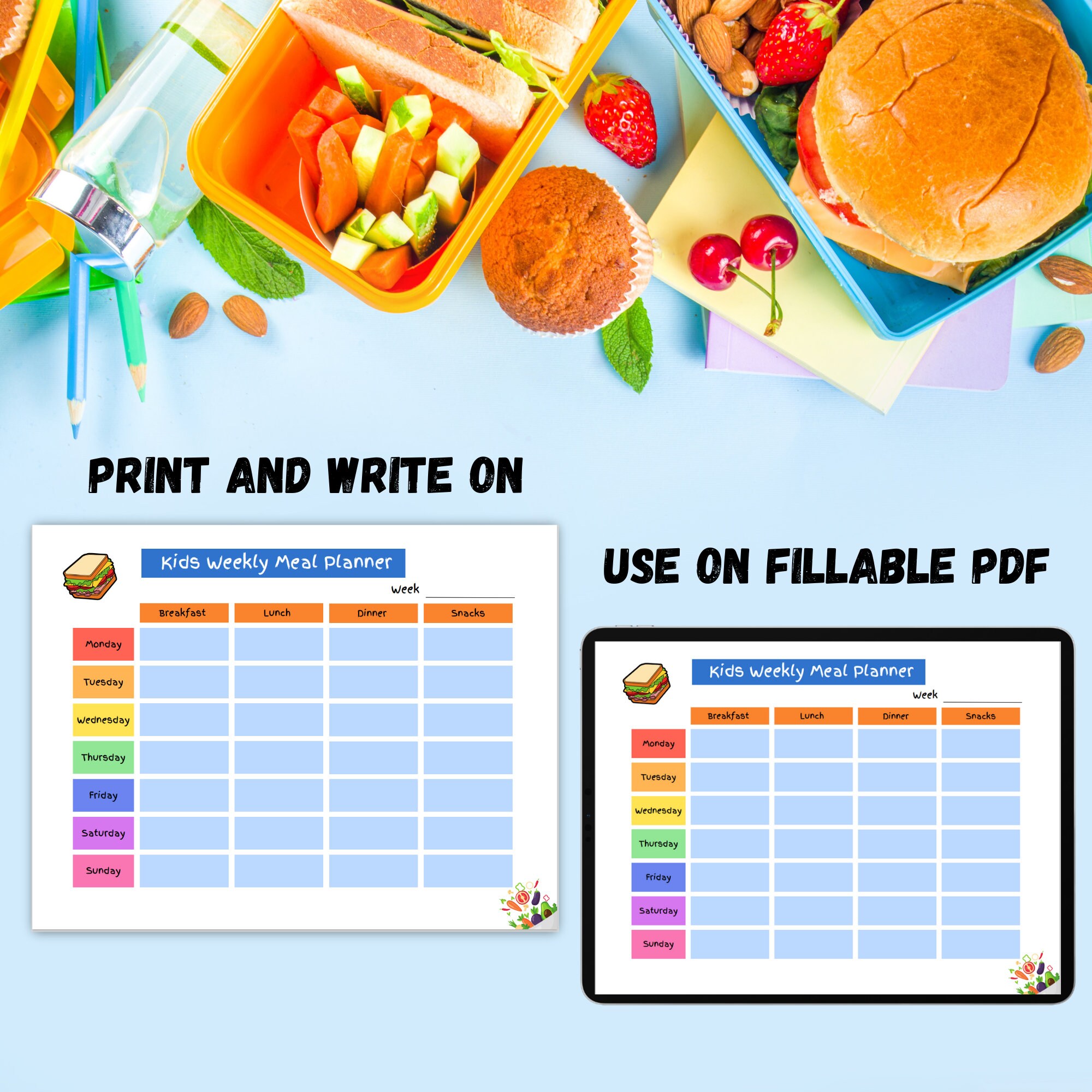 Kids Weekly Meal Planner, Colorful Design, Schedule, Food Tracker, Kids ...