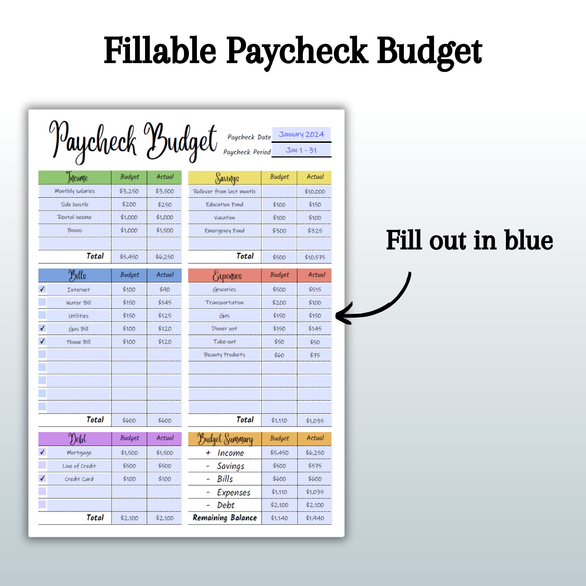 Paycheck Budget, Expense Tracker, Bill Tracker, Monthly Budget Planner ...