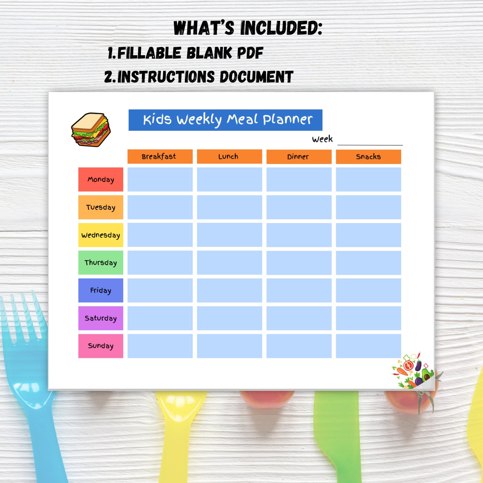 Kids Weekly Meal Planner Colorful Design Schedule Food - Etsy