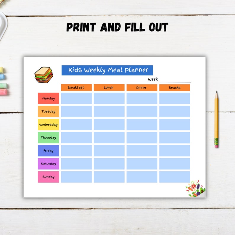 Kids Weekly Meal Planner, Colorful Design, Schedule, Food Tracker, Kids ...