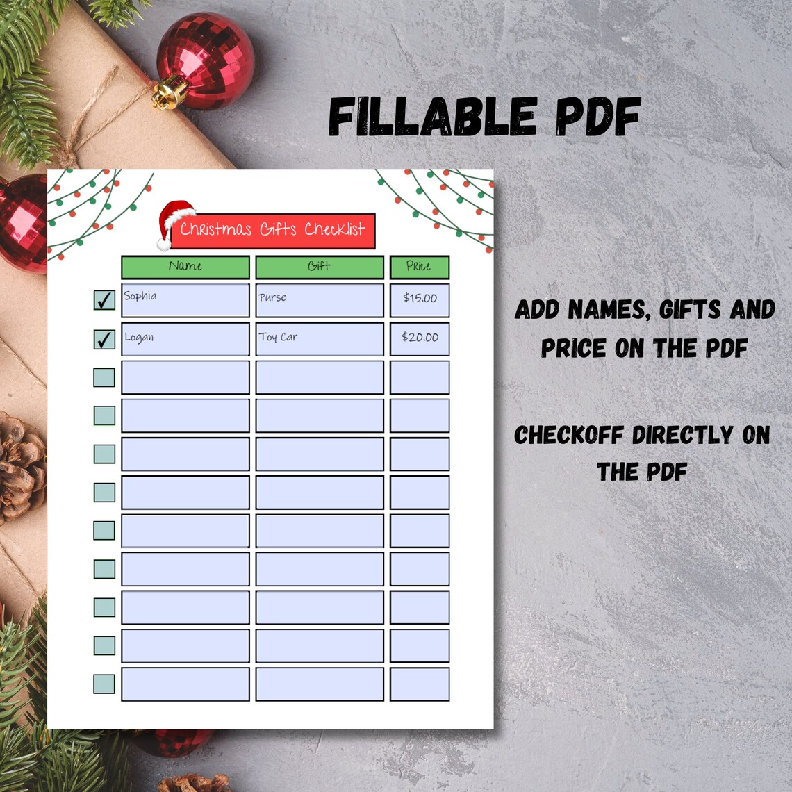 Christmas Gifts Checklist, Fillable PDF, Printable, Holiday Tracker ...