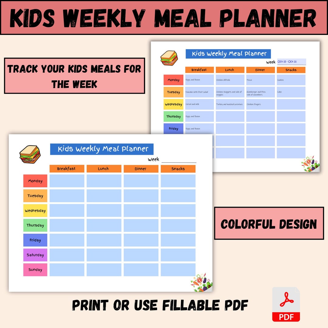 Kids Weekly Meal Planner Colorful Design Schedule Food - Etsy