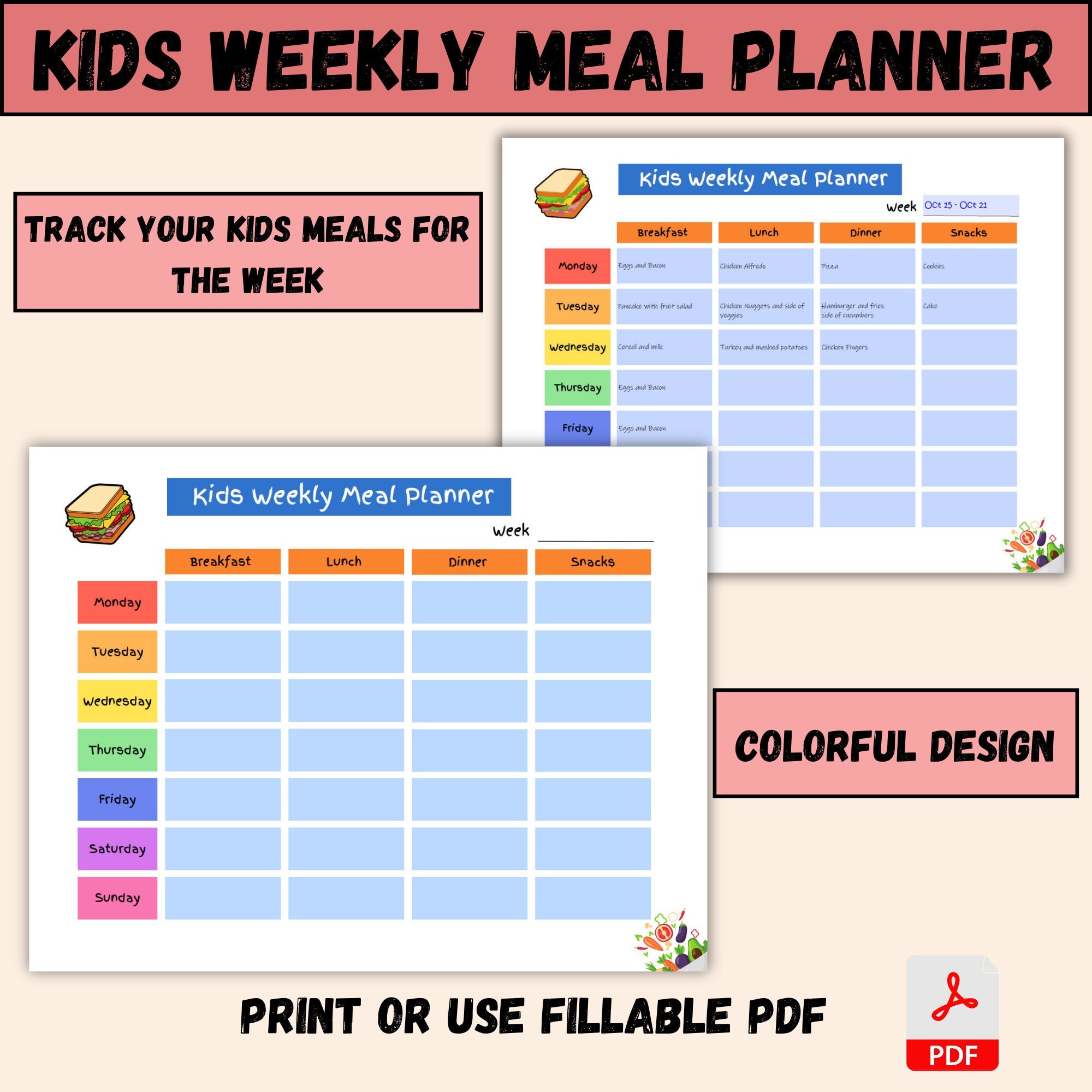 Kids Weekly Meal Planner Colorful Design Schedule Food - Etsy