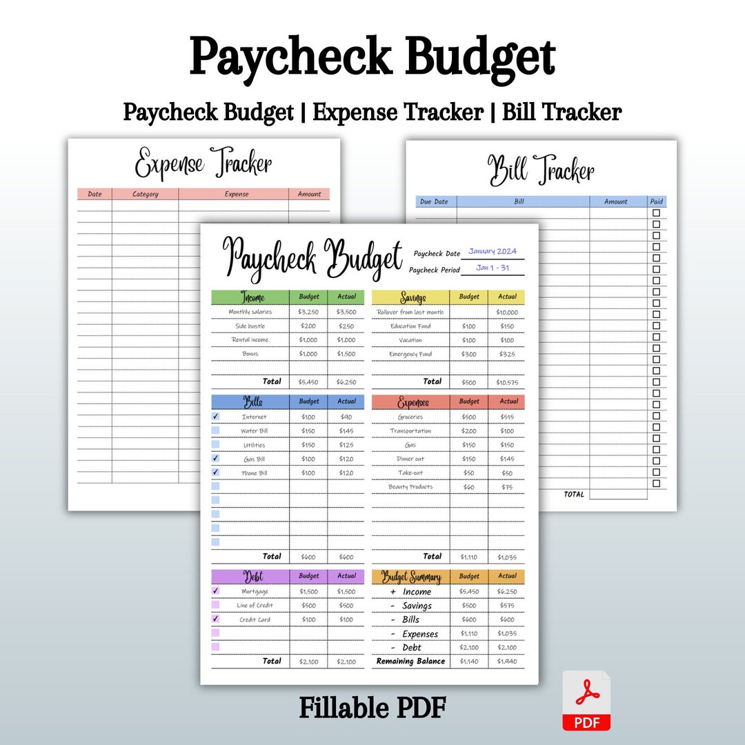 Paycheck Budget, Expense Tracker, Bill Tracker, Monthly Budget Planner ...
