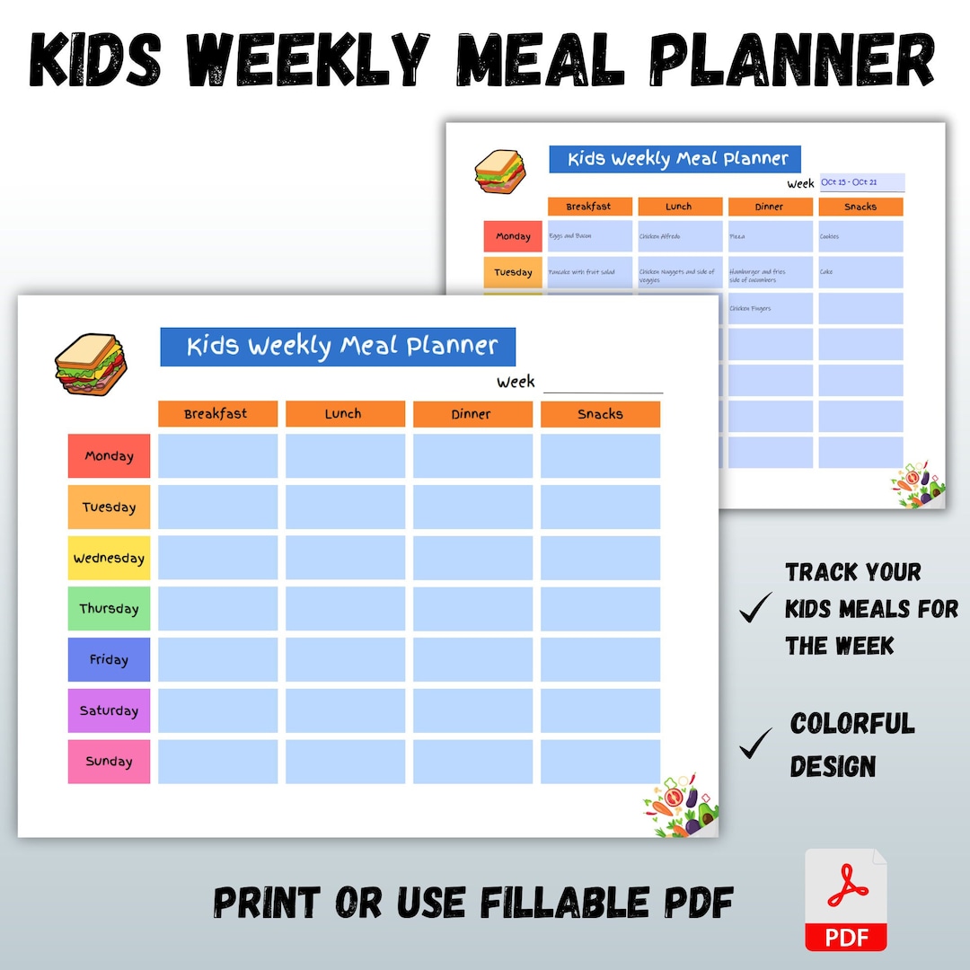 Kids Weekly Meal Planner, Colorful Design, Schedule, Food Tracker, Kids ...