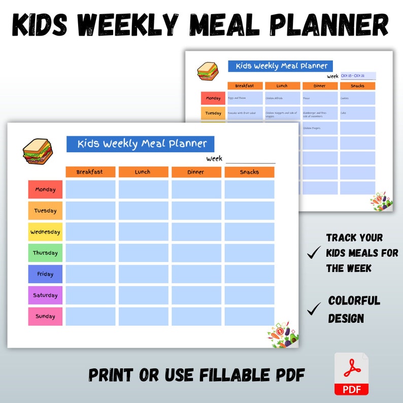 Kids Weekly Meal Planner, Colorful Design, Schedule, Food Tracker, Kids ...