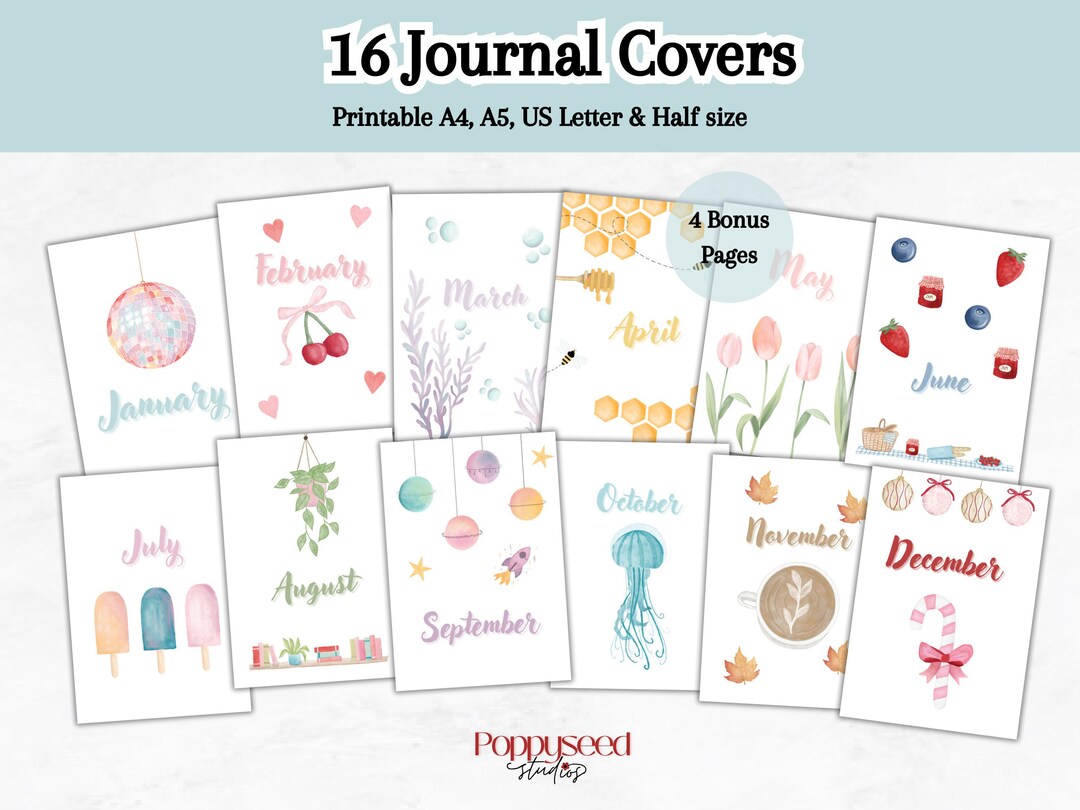 Monthly Printable Journal Cover Pages Digital Download Watercolor Hand ...