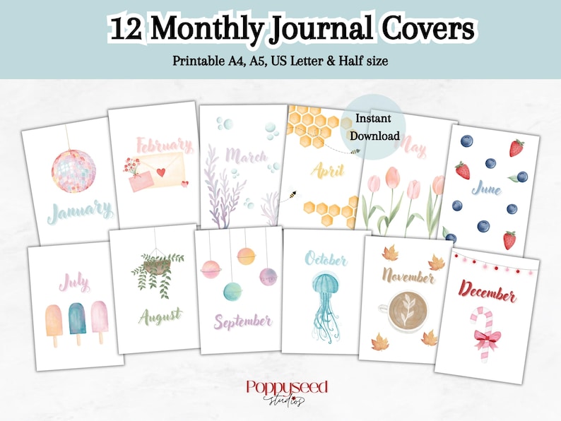 12 Month Printable Journal Cover Pages A4 + A5 PDF Digital Hand Drawn ...