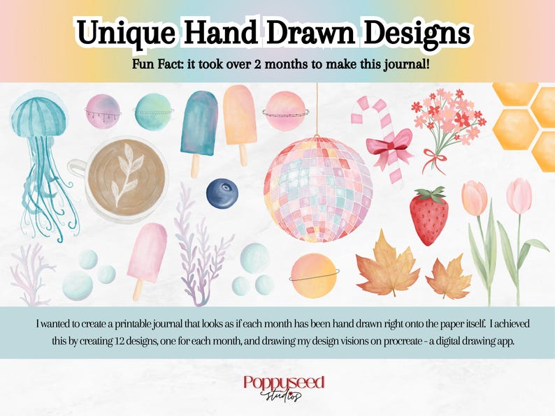 12 Month Printable Journal Cover Pages A4 + A5 PDF Digital Hand Drawn ...