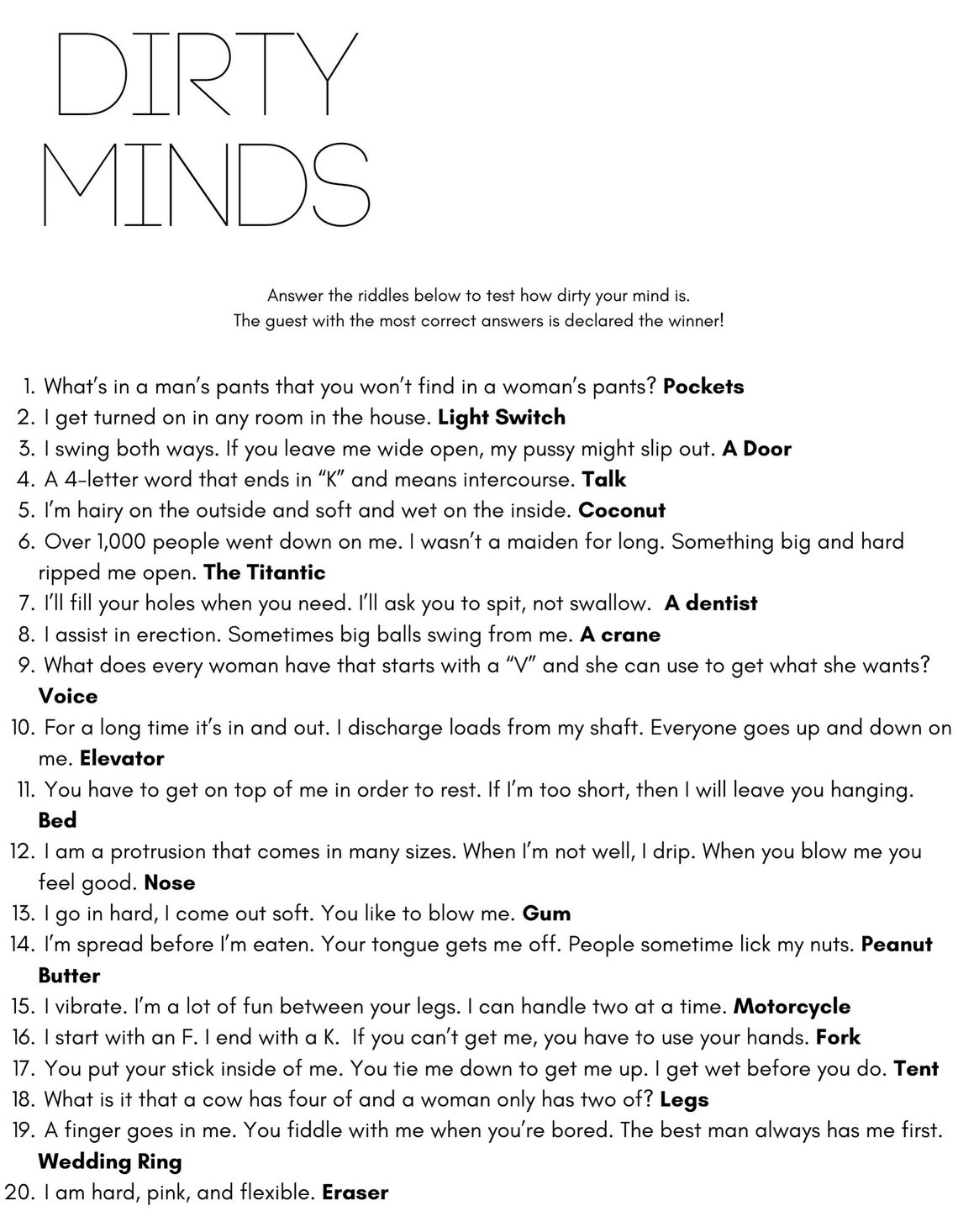 Dirty Minds Game Dirty Minds Card Printable Bachelorette Party ...