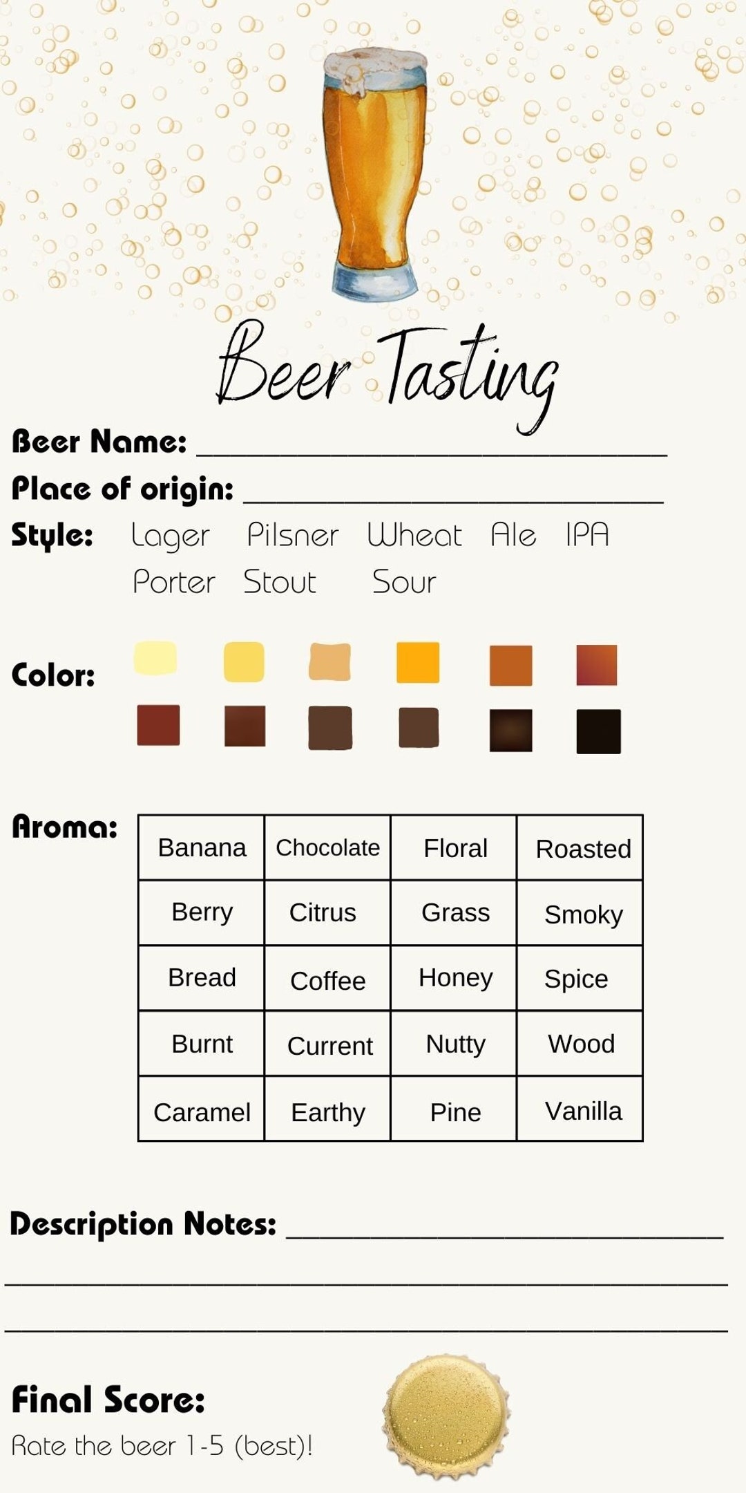 Beer Tasting Score Card | Printable Beer Review (PDF Pattern) - Etsy