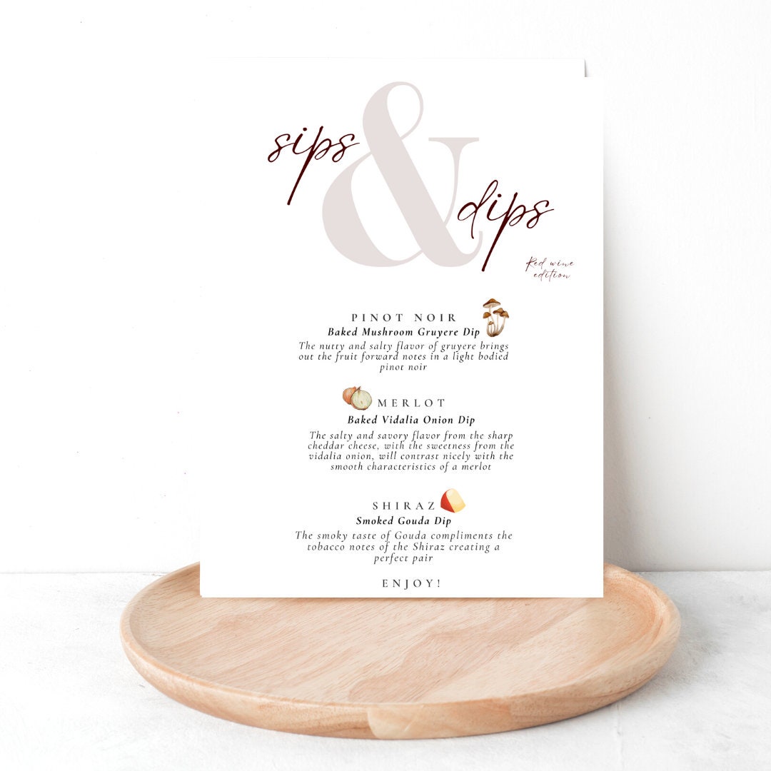 Red Wine Dinner Menu Printable | Sips & Dips Card (digital Download ...