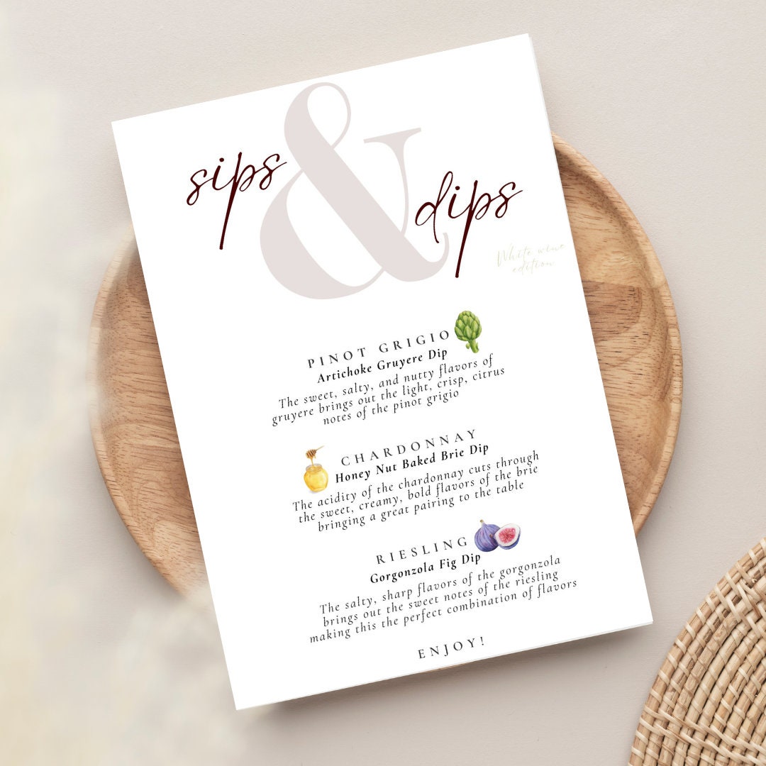 Wine and Dip Pairing Menu | Sips & Dips Party (digital Download) - Etsy