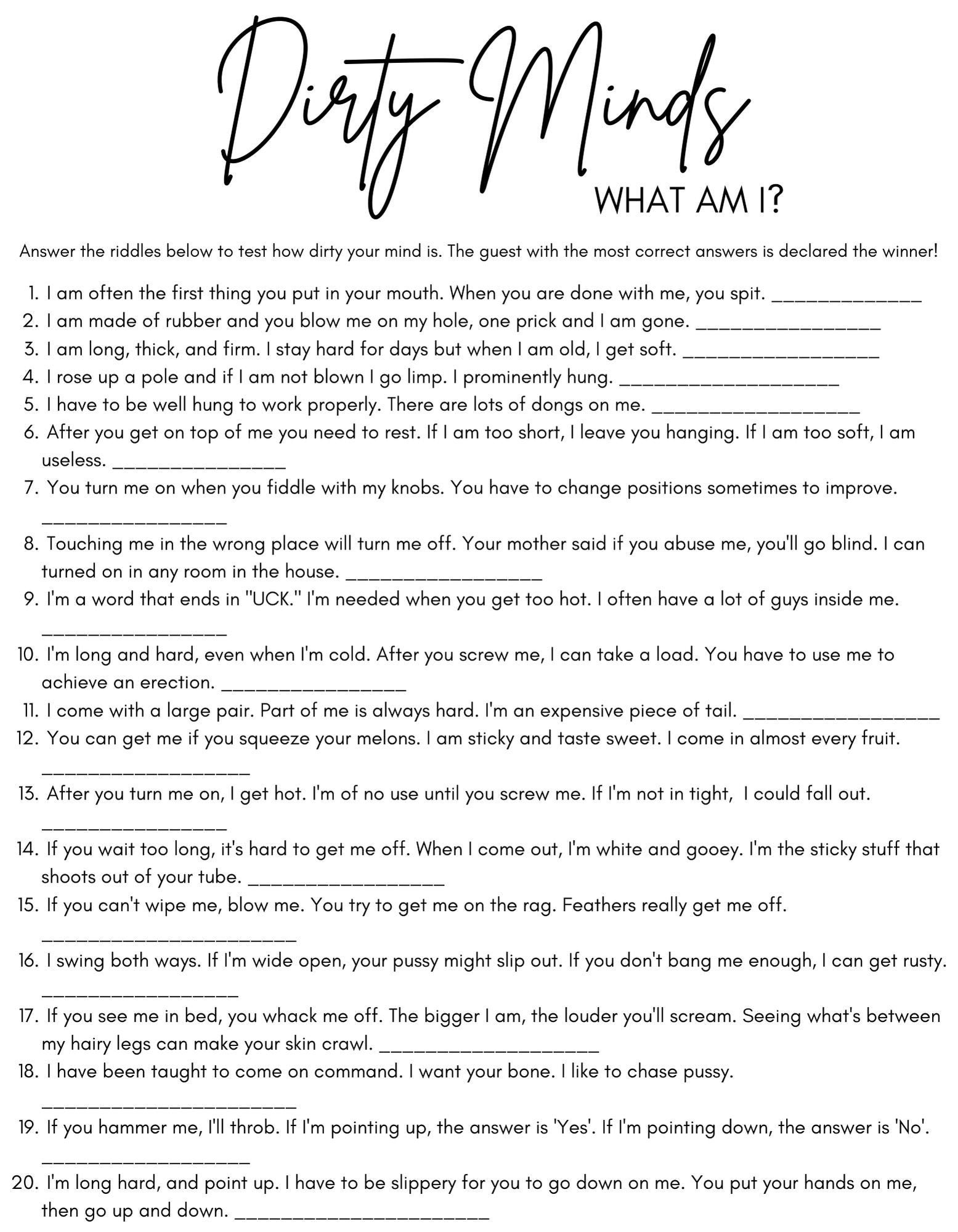 Dirty Minds Game | Bachelorette, Bridal Shower (printable) - Etsy