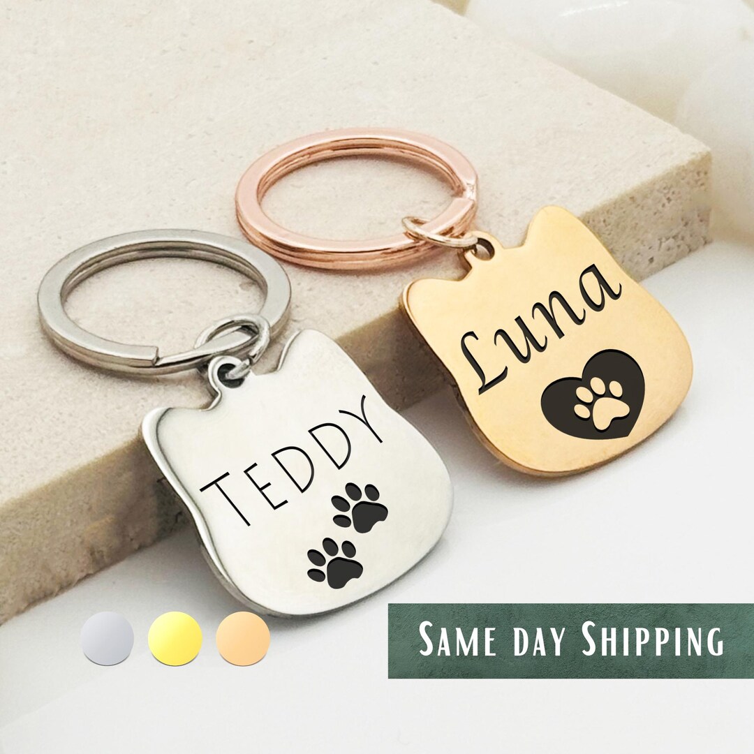 Personalized Cat ID Tag Keychain • Engraved Stainless Steel Pet Collar ...