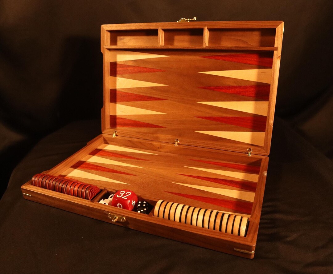Walnut Backgammon Board W/ Polished Brass Trim, Padauk and Maple Inlaid ...