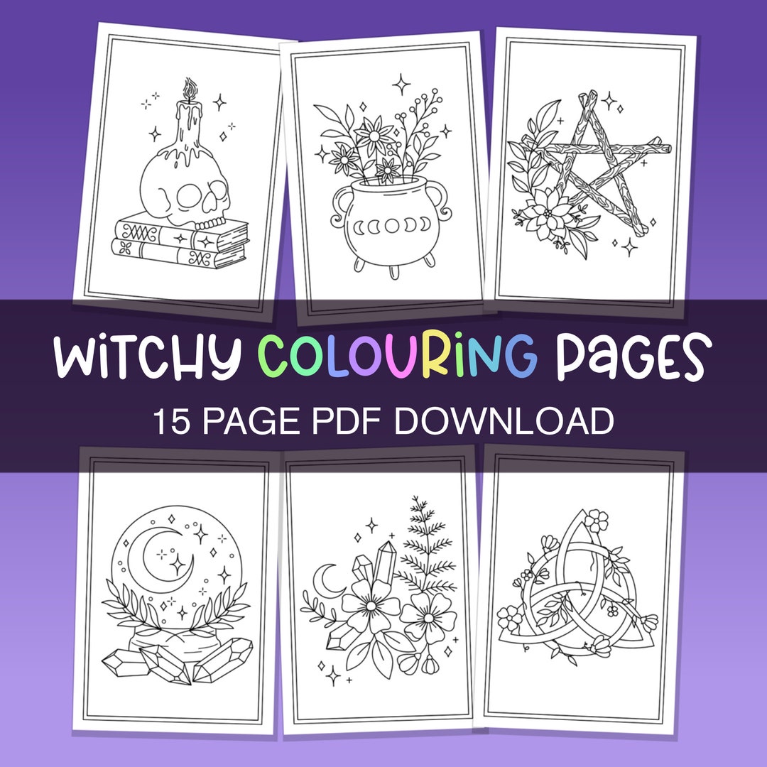 Witchy Colouring Page Bundle 1, Witch Coloring Page Wiccan Bundle ...