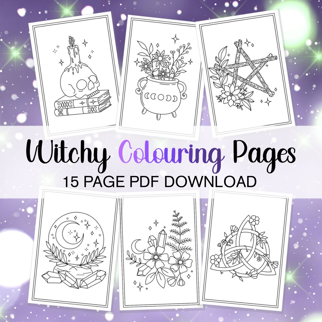 Witchy Colouring Page Bundle 1, Witch Coloring Page Wiccan Bundle ...