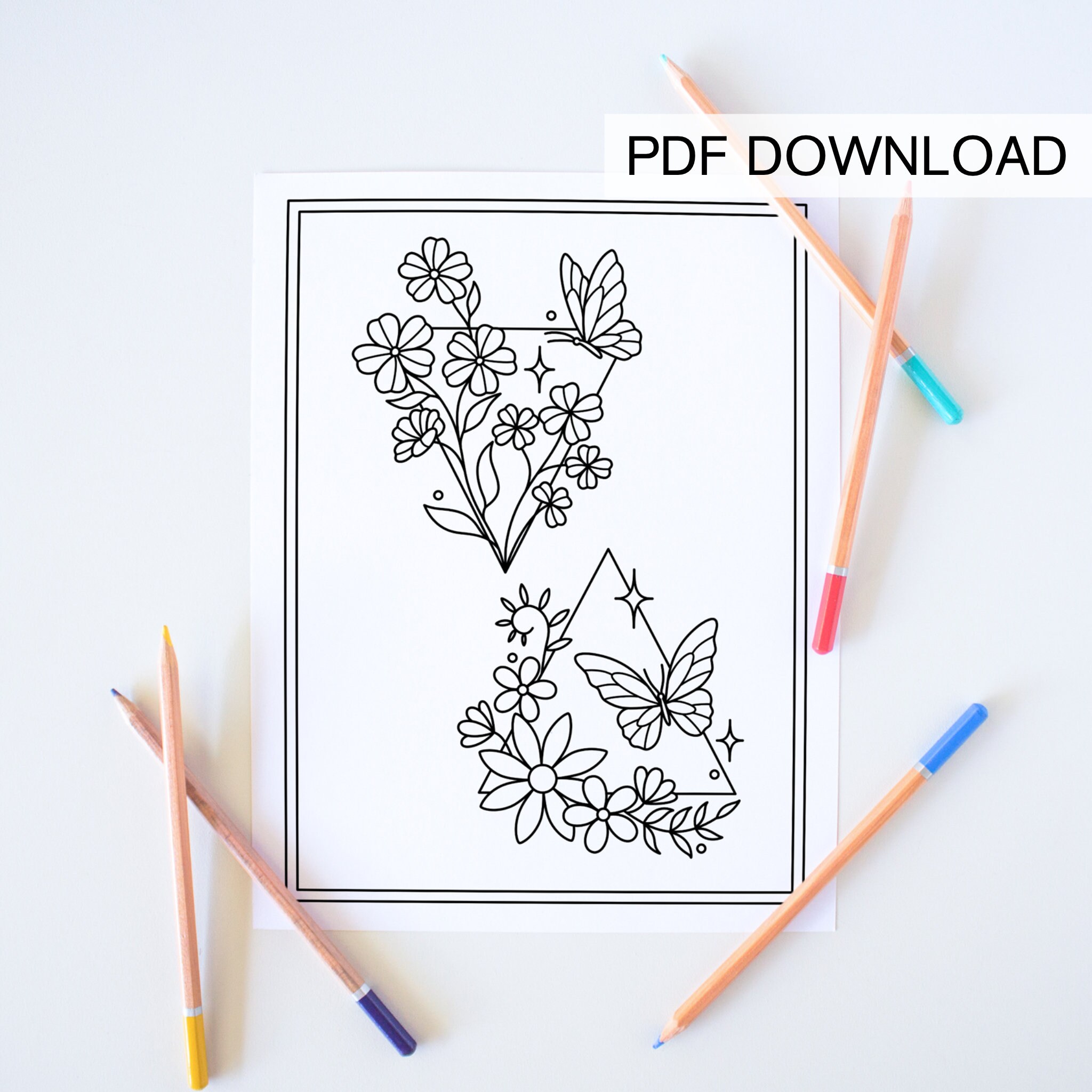 Butterflies and Flowers Colouring Page Set of 2, Butterfly Coloring ...