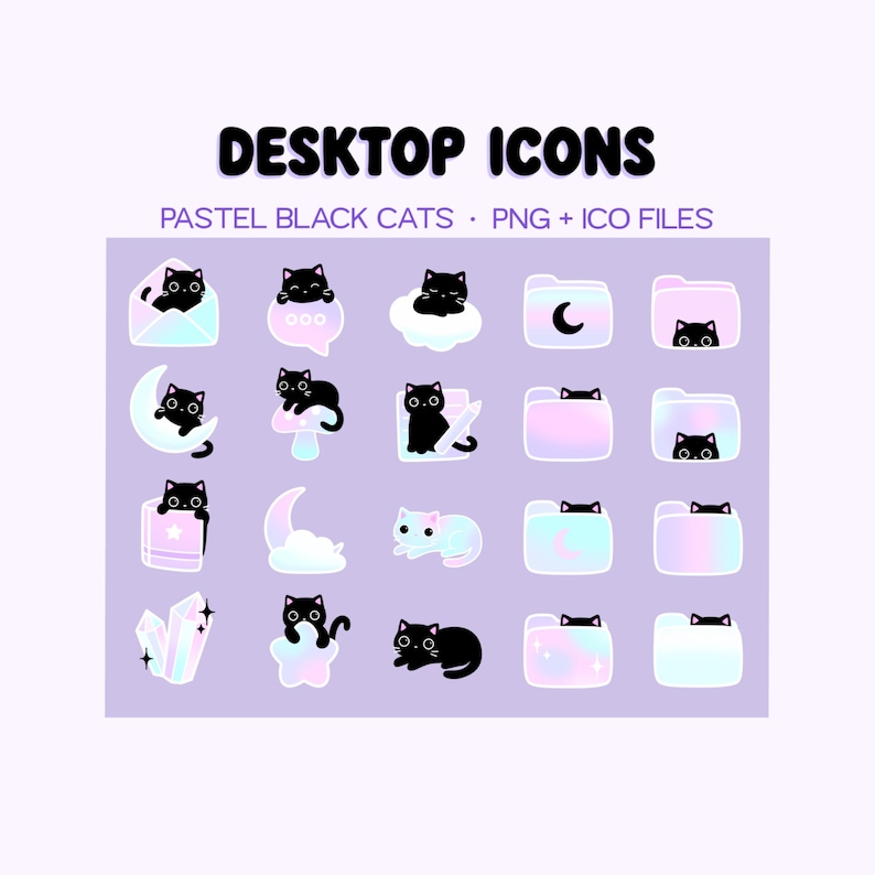 Pastel Black Cat Desktop Icons - Windows and Mac - Desktop Organizer - Etsy