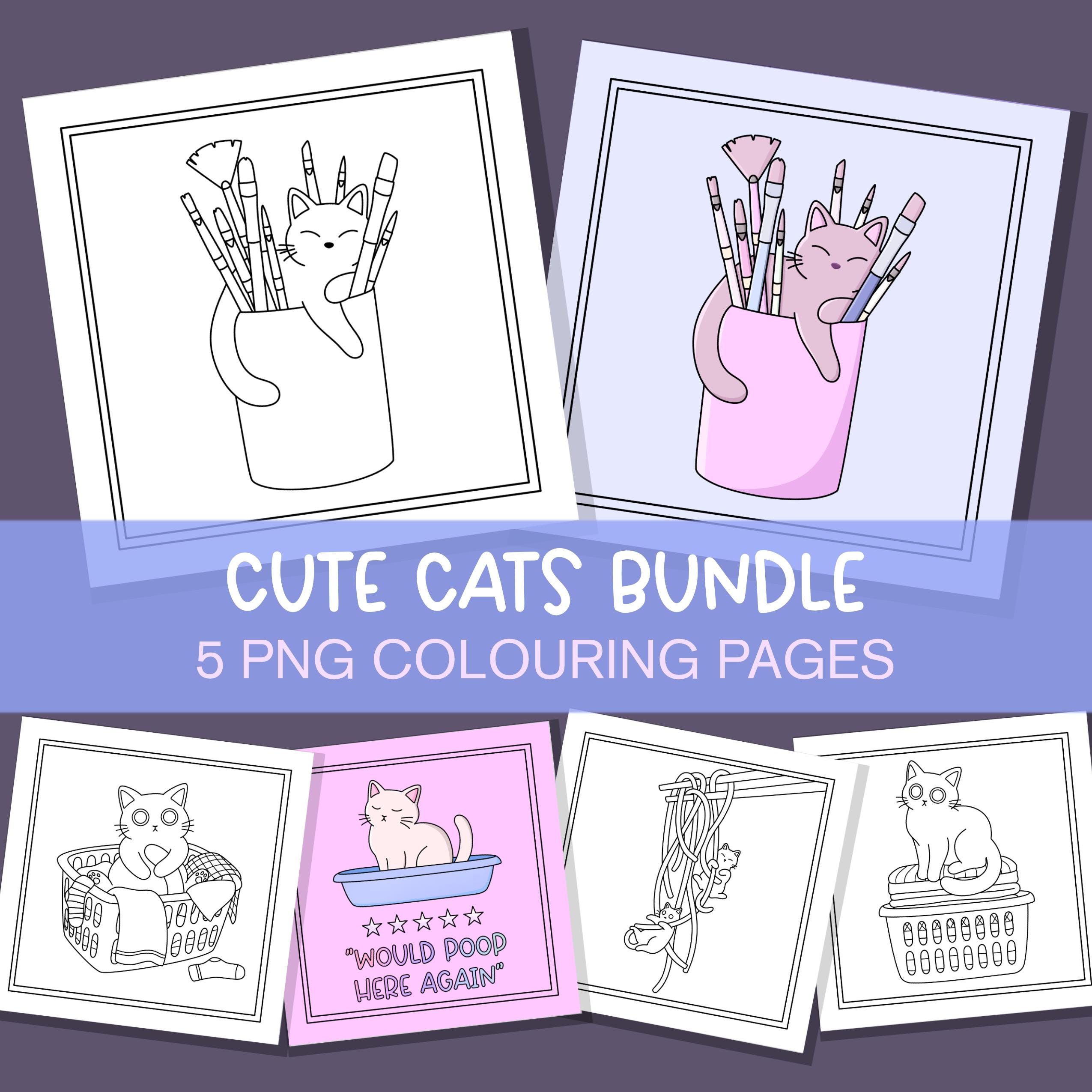 Cute Cats Colouring Page Bundle, Easy Cat Coloring Pages, Cat Lover ...