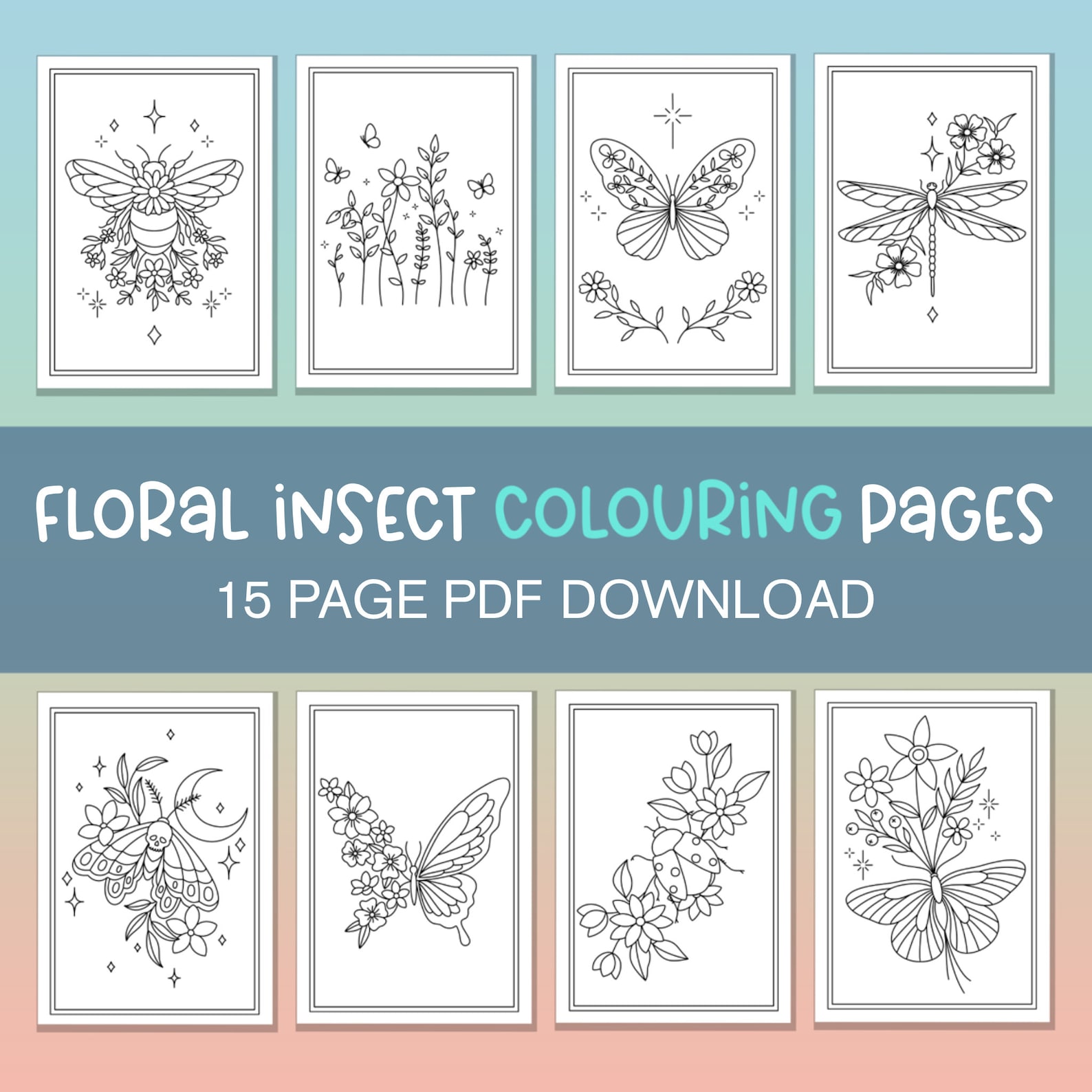 Floral Insects Colouring Page Bundle, Floral Coloring Page Coloring in ...