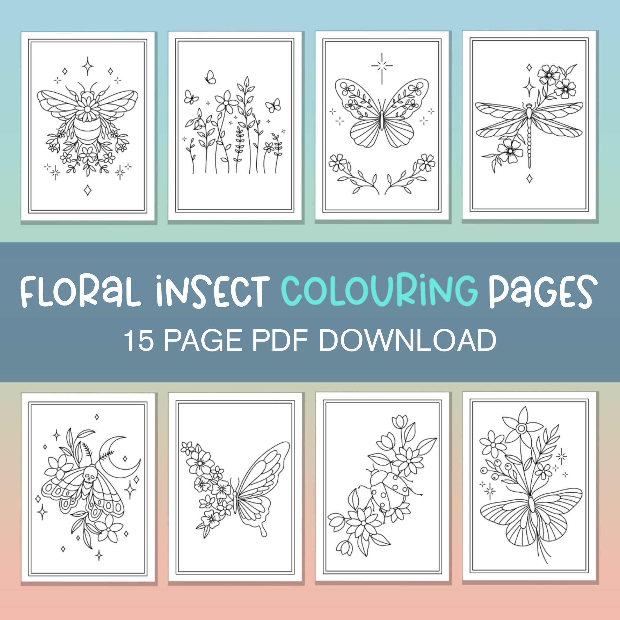 Floral Insects Colouring Page Bundle, Floral Coloring Page Coloring in ...