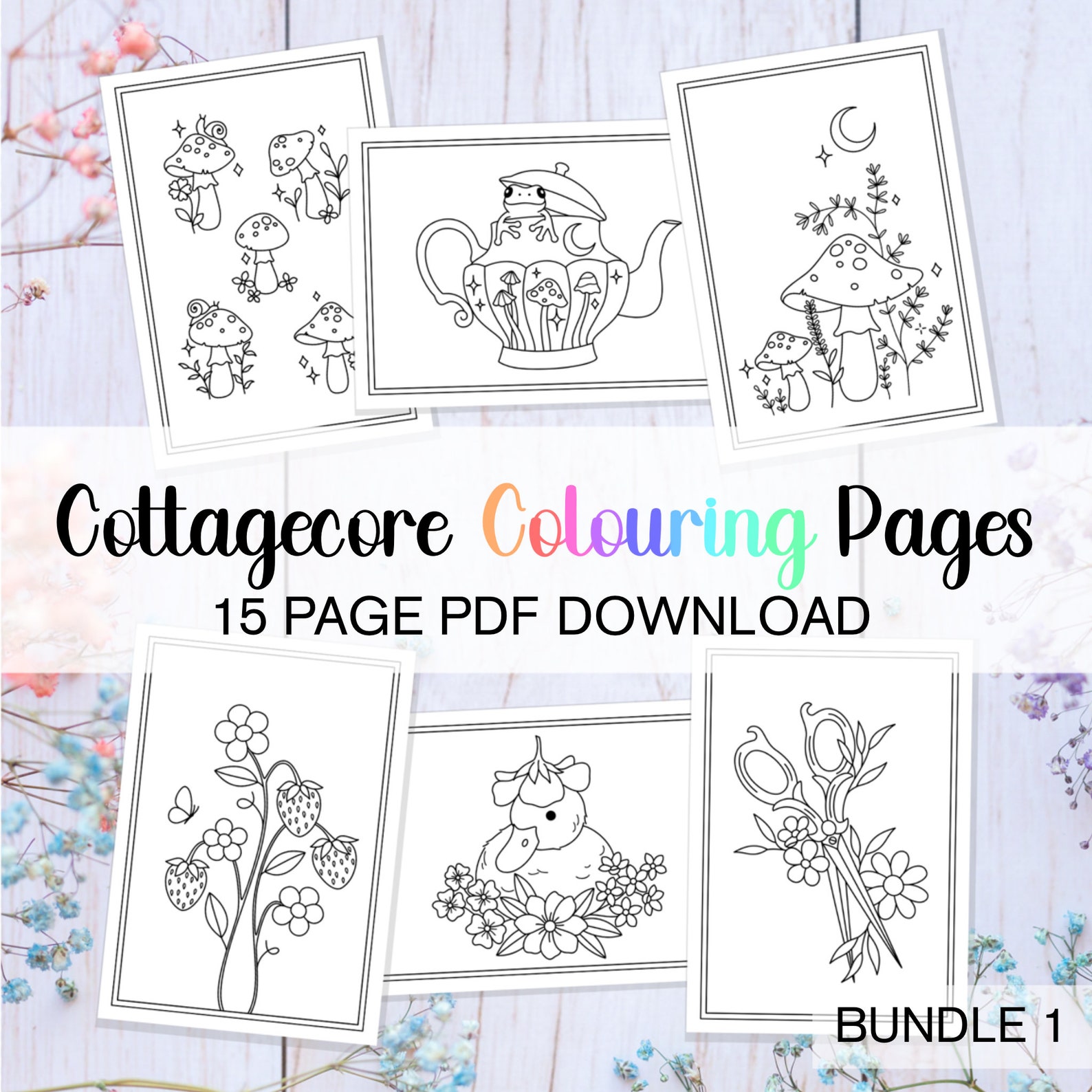 Cottagecore Colouring Page Bundle 1, Cute Coloring Page Coloring in ...