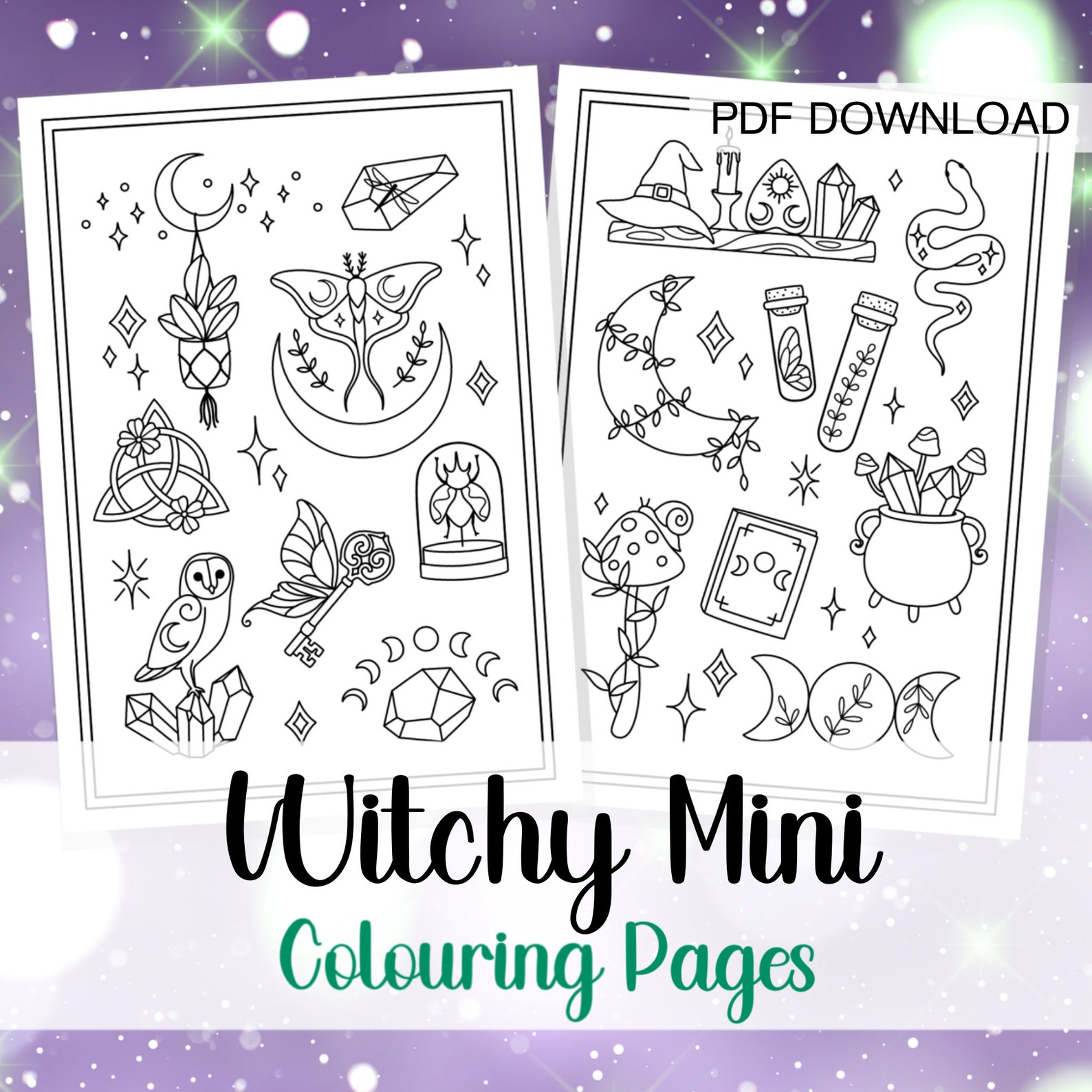 Witchy Mini Colouring Page Set of 2, Mystical Coloring Page Easy ...