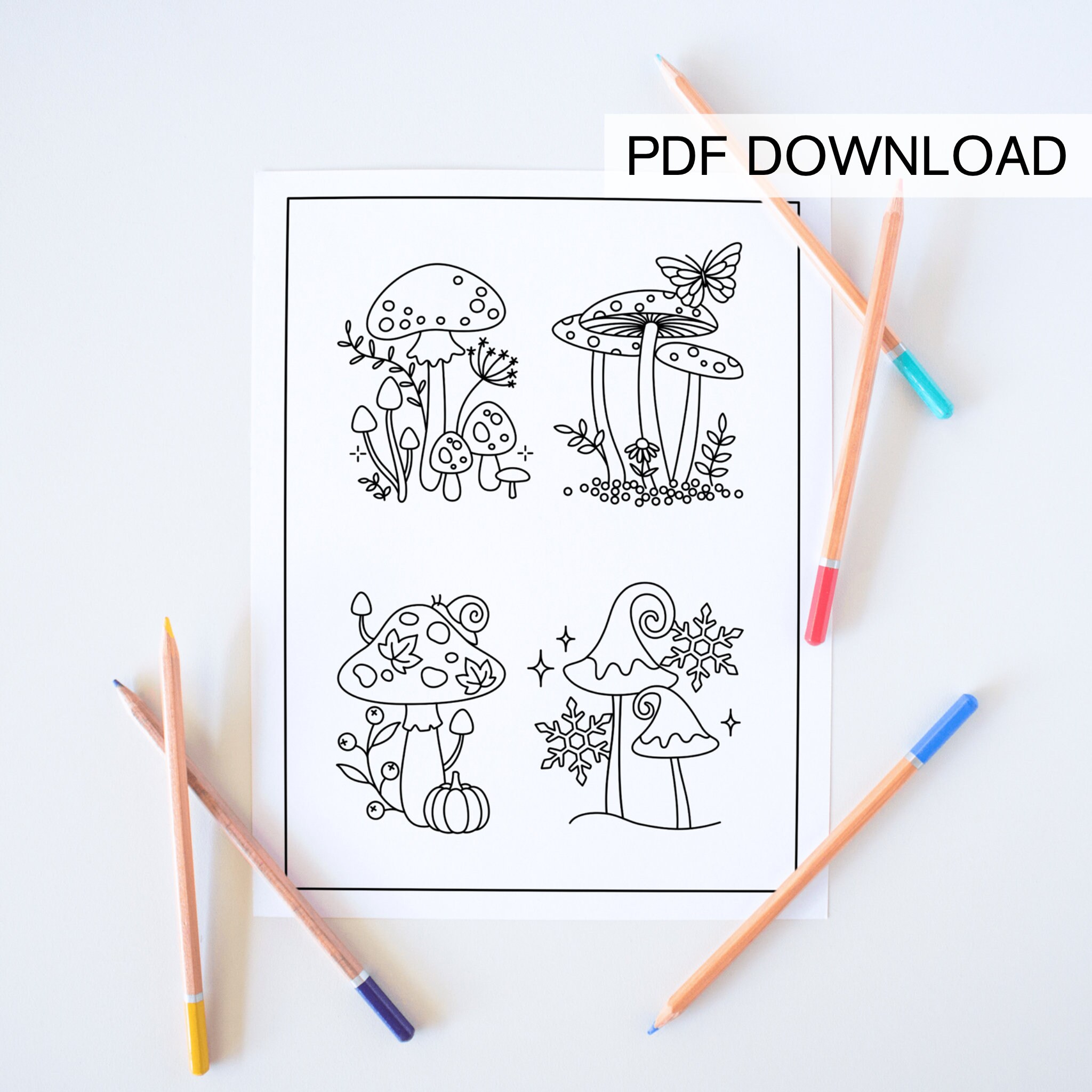 Mushroom Seasons Colouring Page Bundle, Cute Coloring Page Seasonal ...