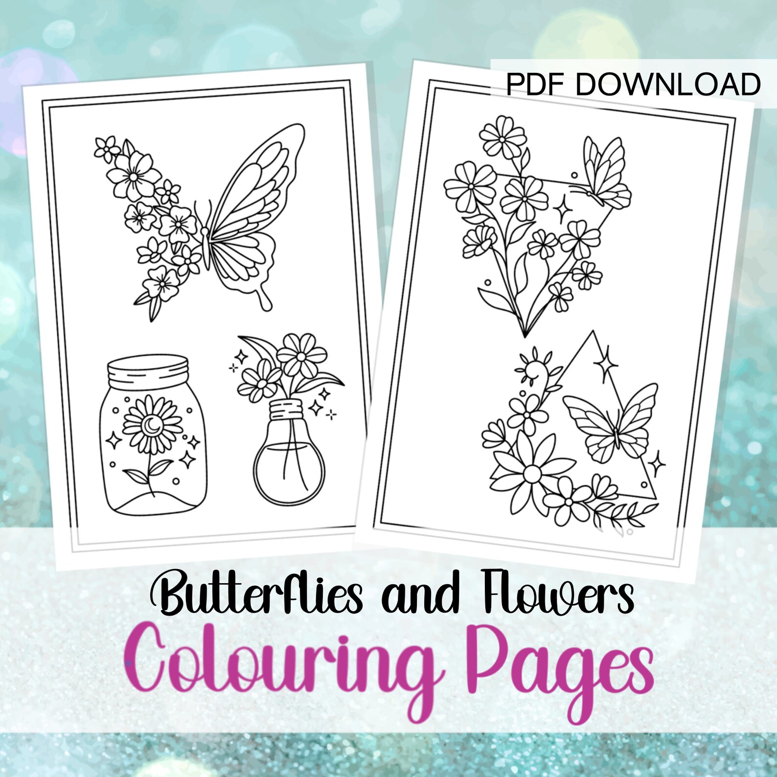 Butterflies and Flowers Colouring Page Set of 2, Butterfly Coloring ...