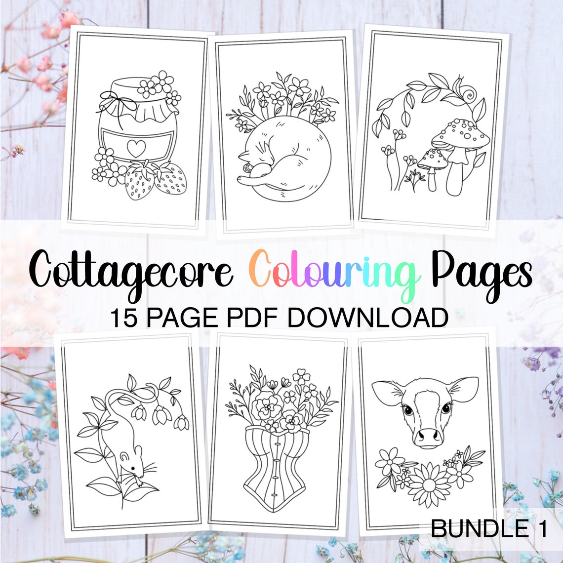 Cottagecore Colouring Page Bundle 1, Cute Coloring Page Coloring in ...