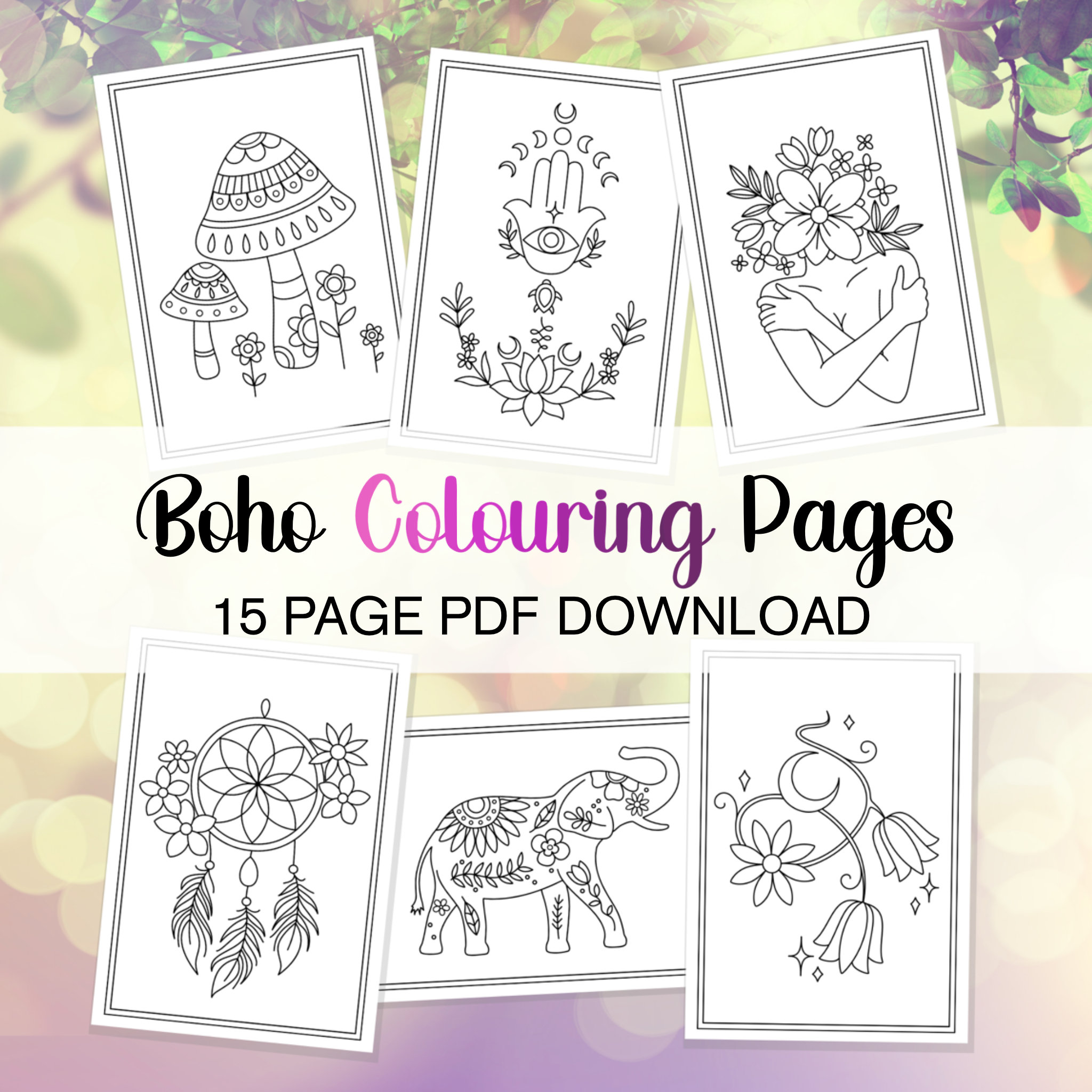 Boho Colouring Page Bundle, Bohemian Coloring Page, Calming Coloring ...