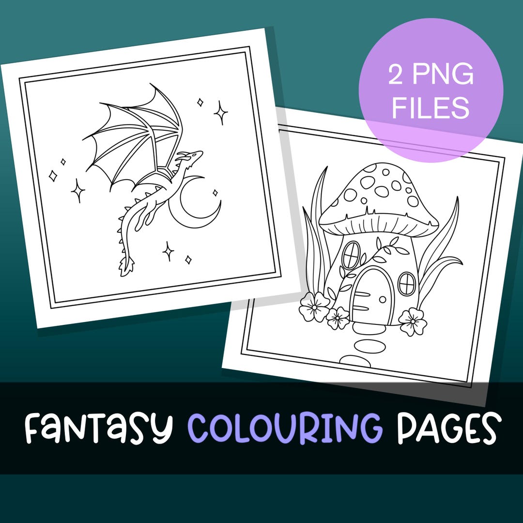Fantasy Colouring Page Bundle, Dragon Square Coloring Pages, Mushroom ...