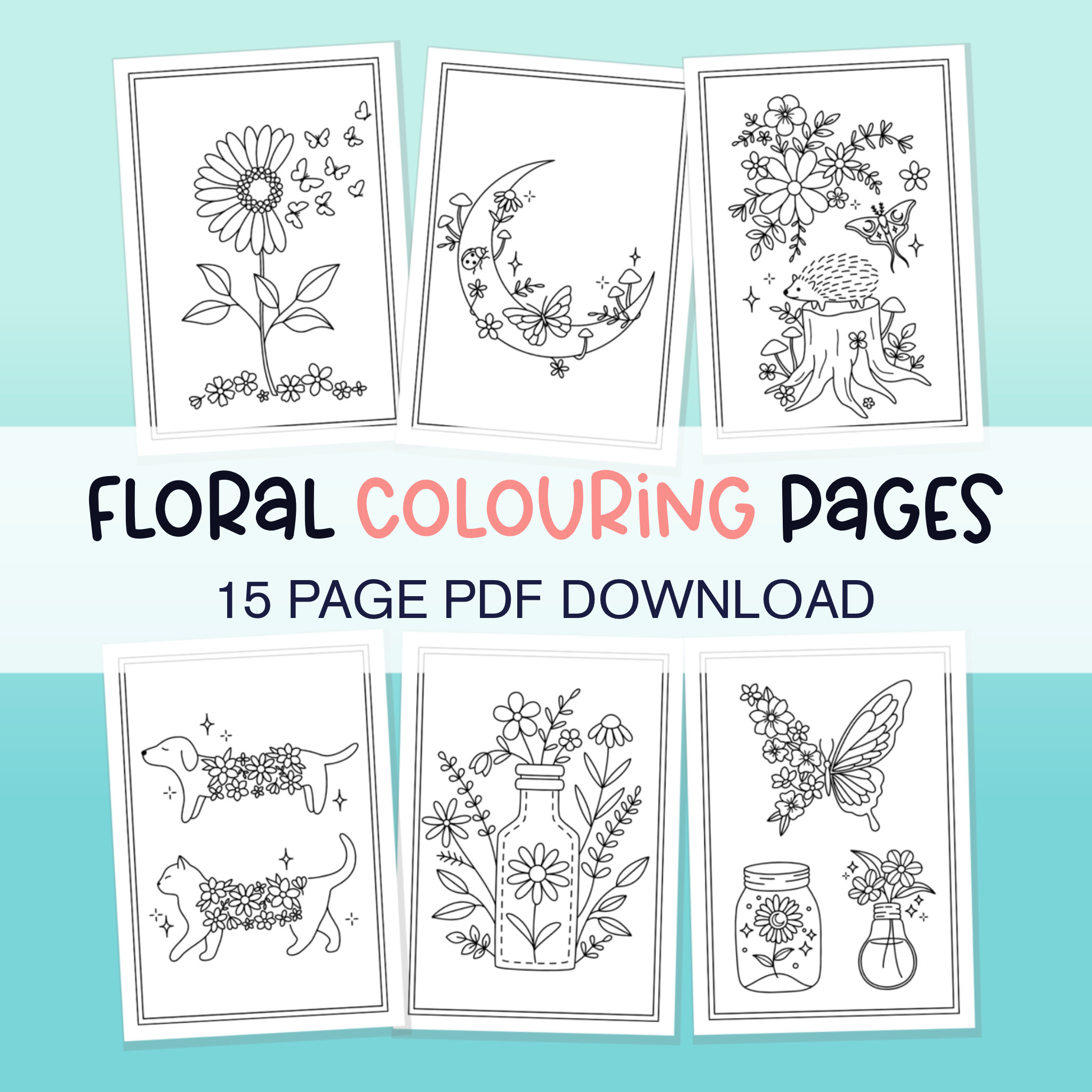 Floral Colouring Page Bundle, Flowers Coloring Page Simple Adult ...