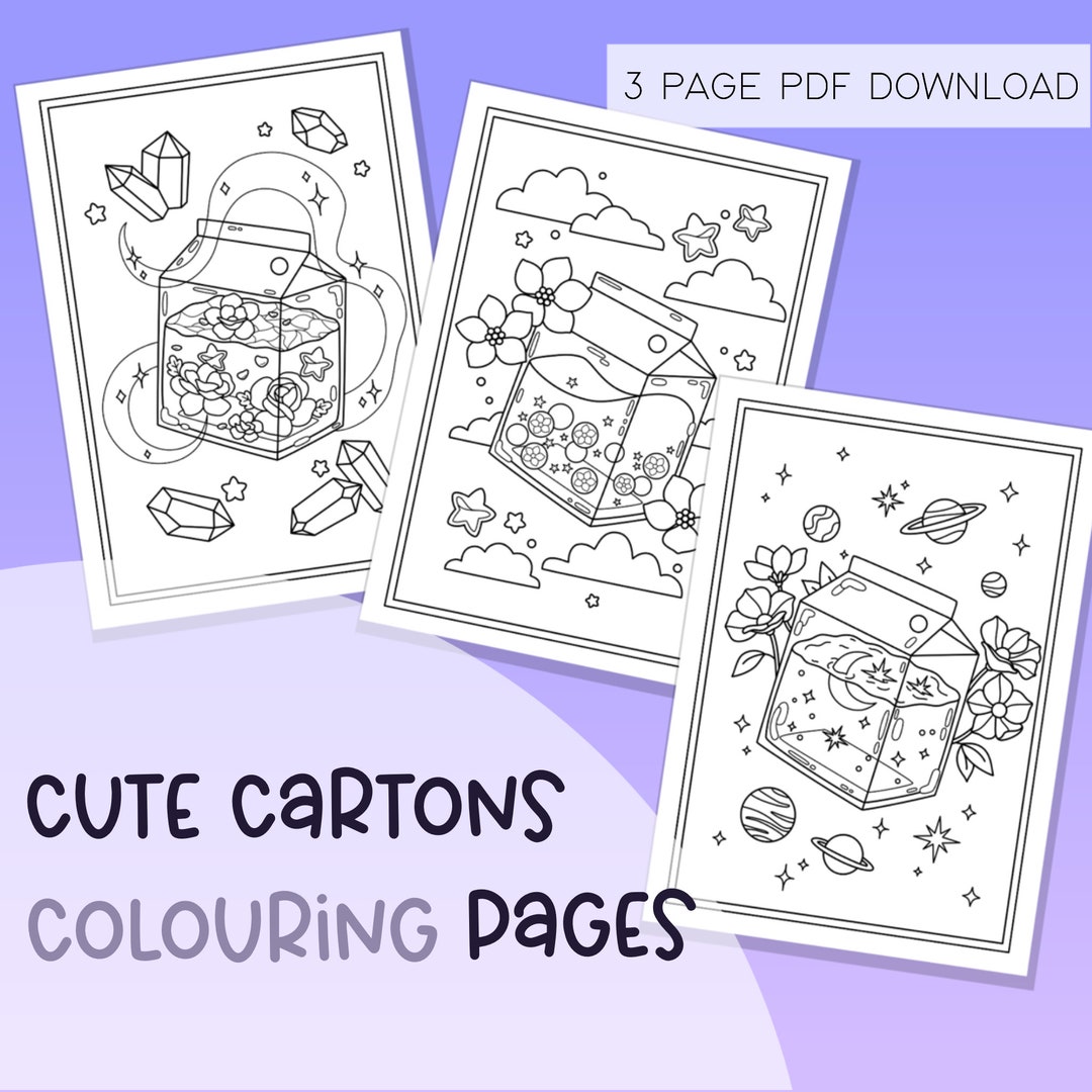 Cute Cartons Colouring Page Bundle, Kawaii Coloring Page Aesthetic ...