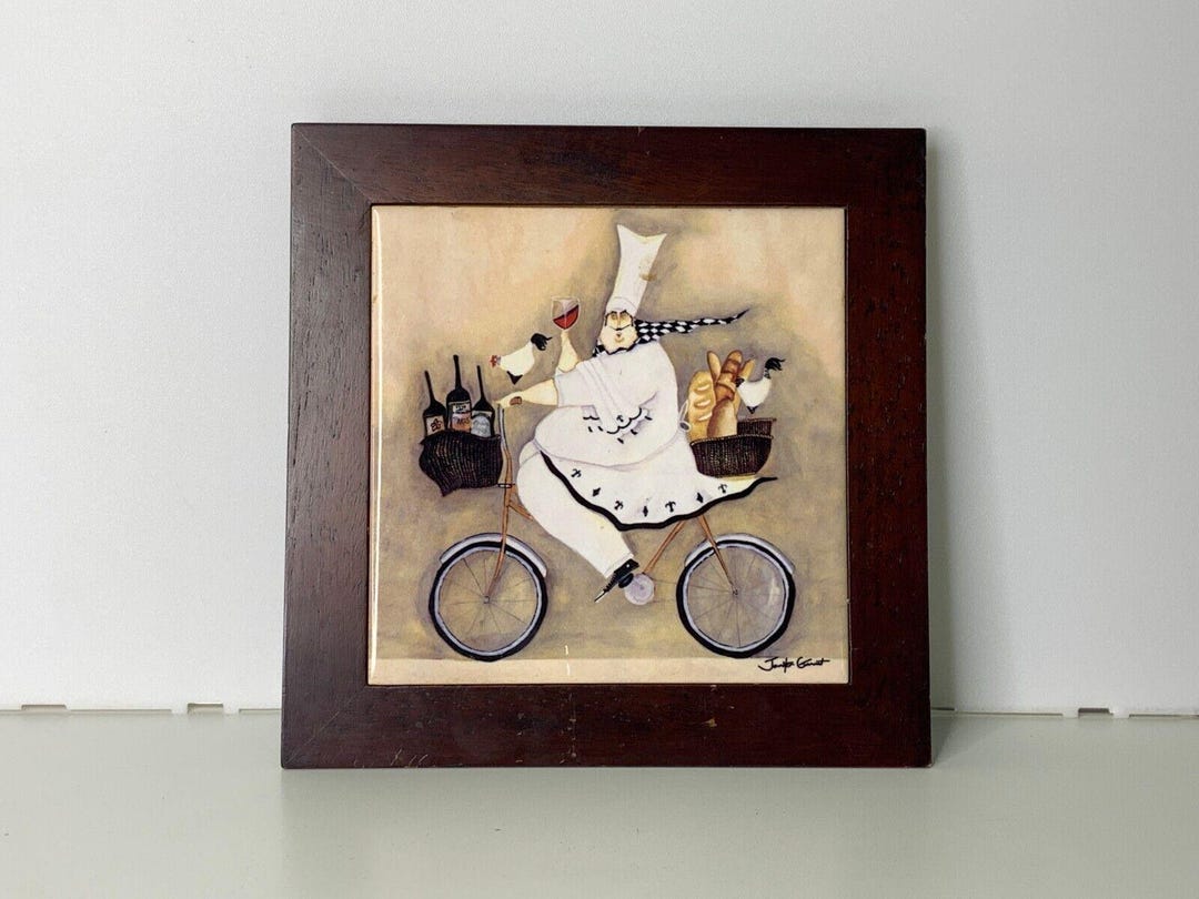 Jennifer Garant Fat Chef Bicycle Framed Art Tile Wall Art Trivet 8" X 8 ...