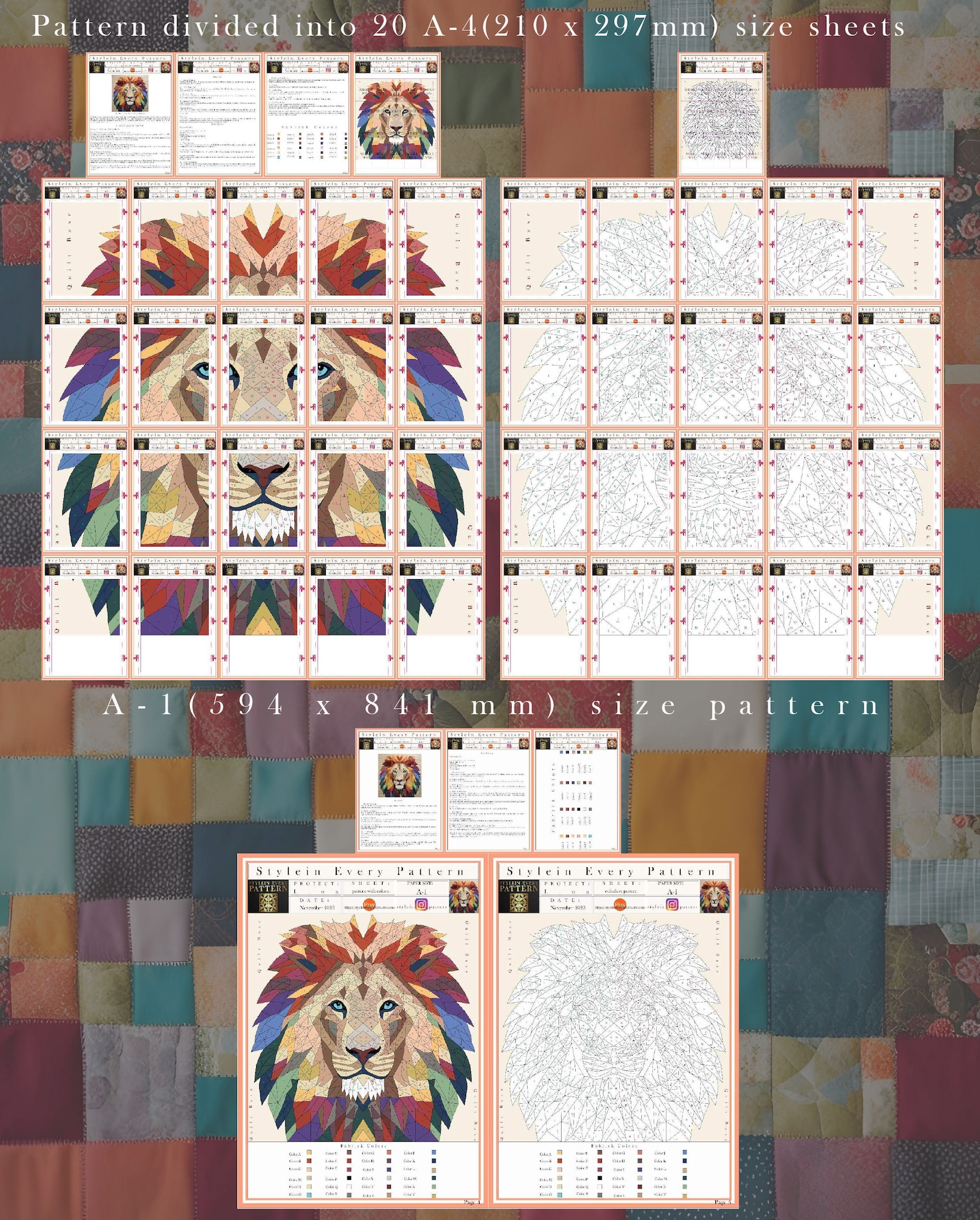 Motif de lion en patchwork , Conception de lion pour motif de courtepointe , Patron de couture ...