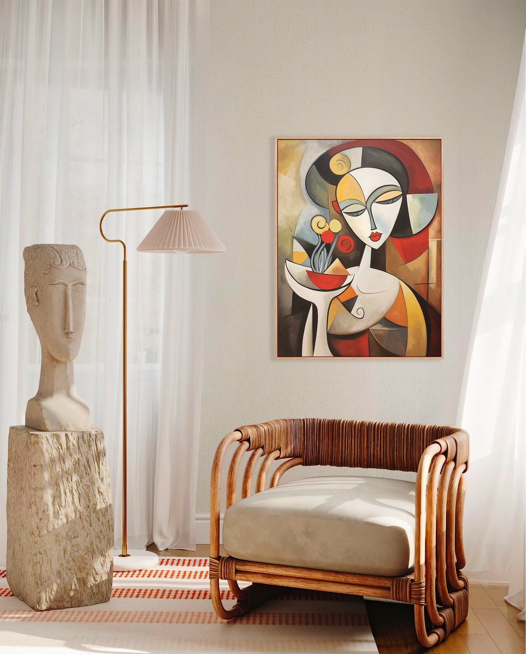 Picasso Style Art Print of Woman Holding a Bowl of Flowers in Warm Gold ...