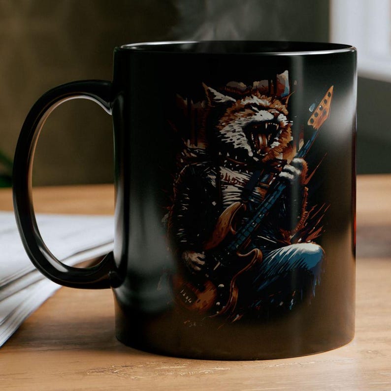 Rocker Cat Coffee Mug, Rockstar Cat Playing Bass, Cat Dad, Cat Mom, Cat ...