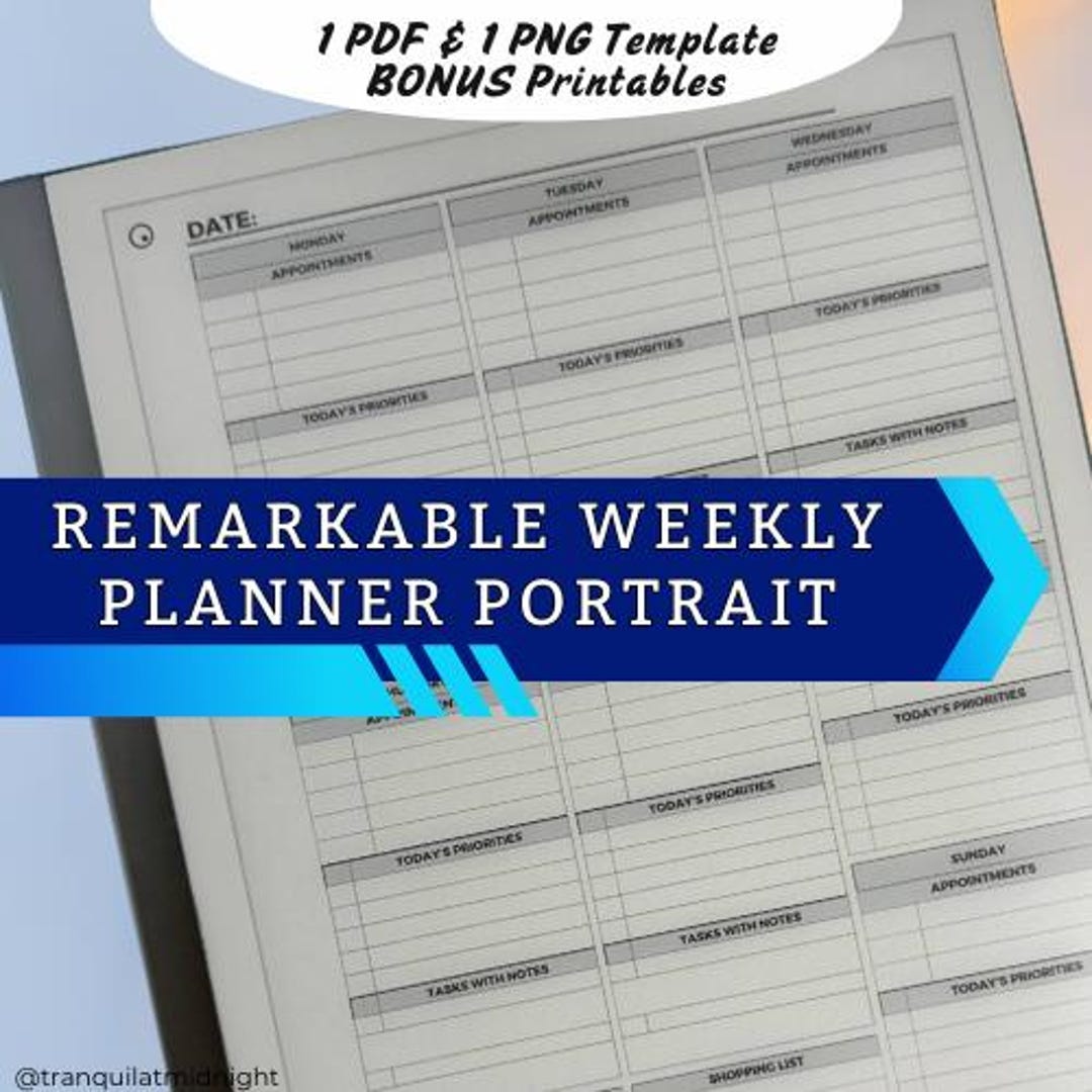 Digital Weekly Planner Portrait | BONUS Printable | Remarkable 2 ...