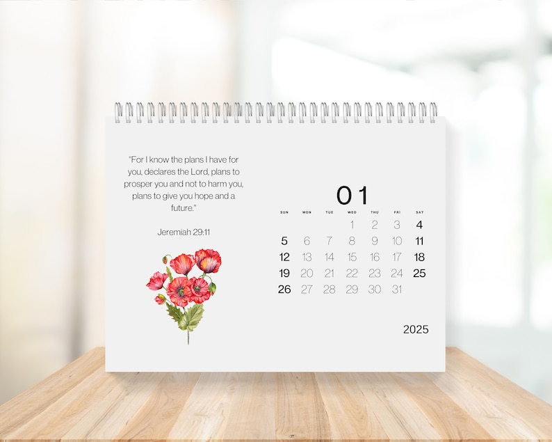 2025 Printable Monthly Calendar With Bible Verse and Watercolor Red ...