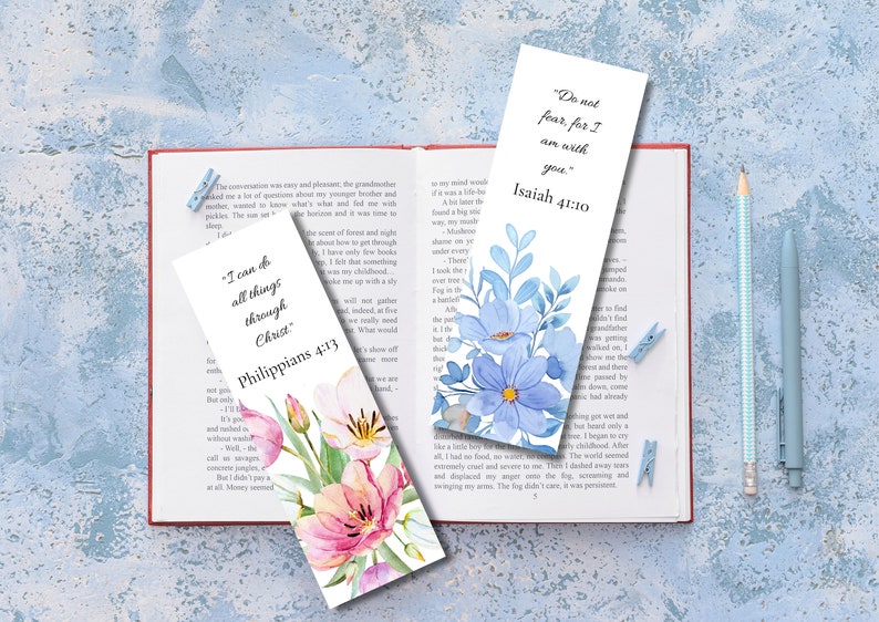 Set of 5 Printable Bible Verse Bookmark, Watercolor Floral Design ...