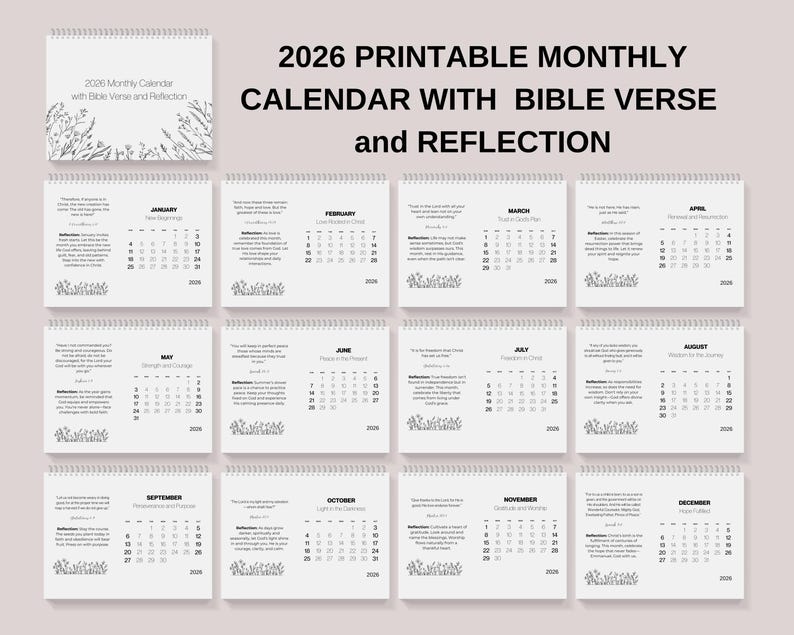 2026 Printable Minimalist Calendar With Bible Verse, Monthly Theme, and ...