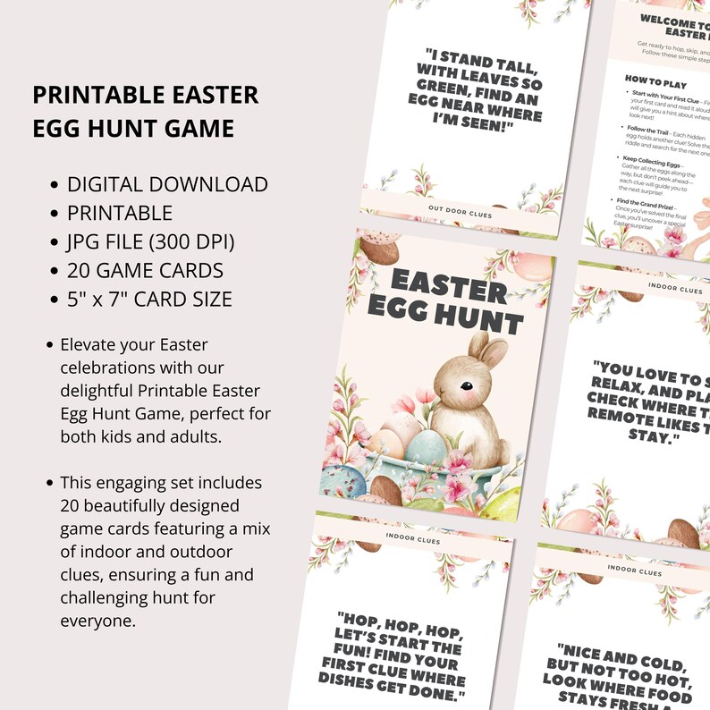 Bunny Easter Egg Hunt Clues Printable Game, Indoor and Outdoor Easter ...